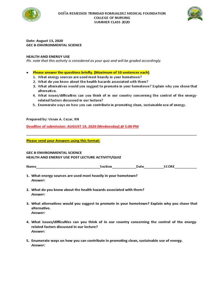 Pls. Note That This Activity Is Considered As Your Quiz and Will Be ...