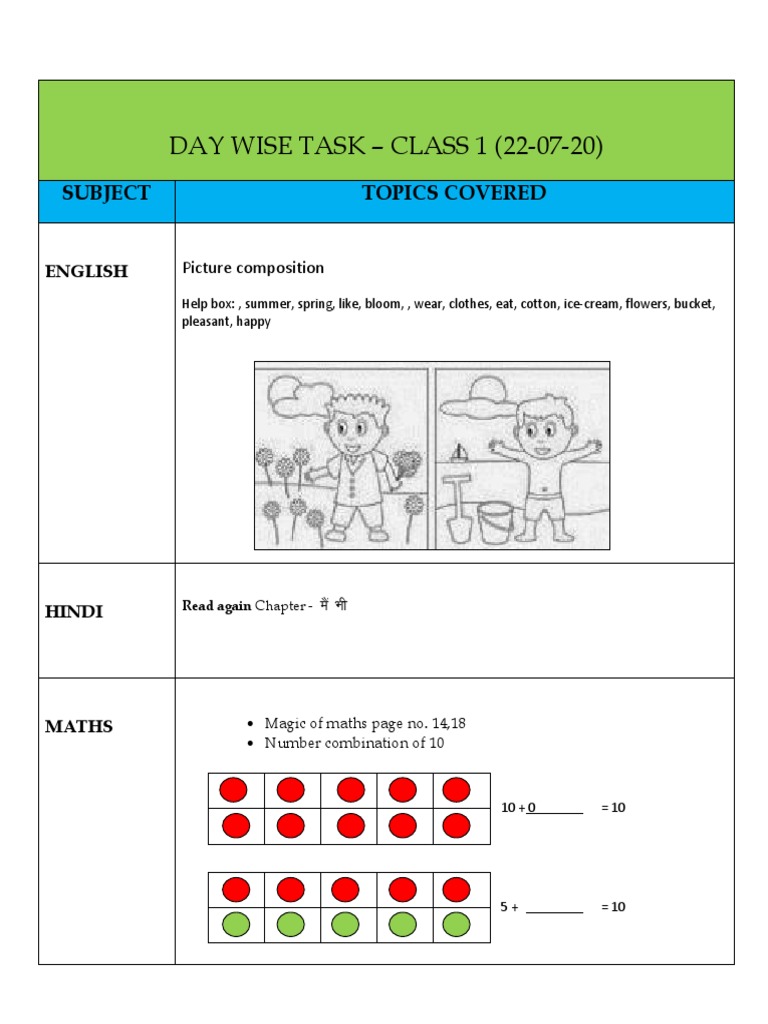 Class 1 Day Wise Tasks Overview | PDF