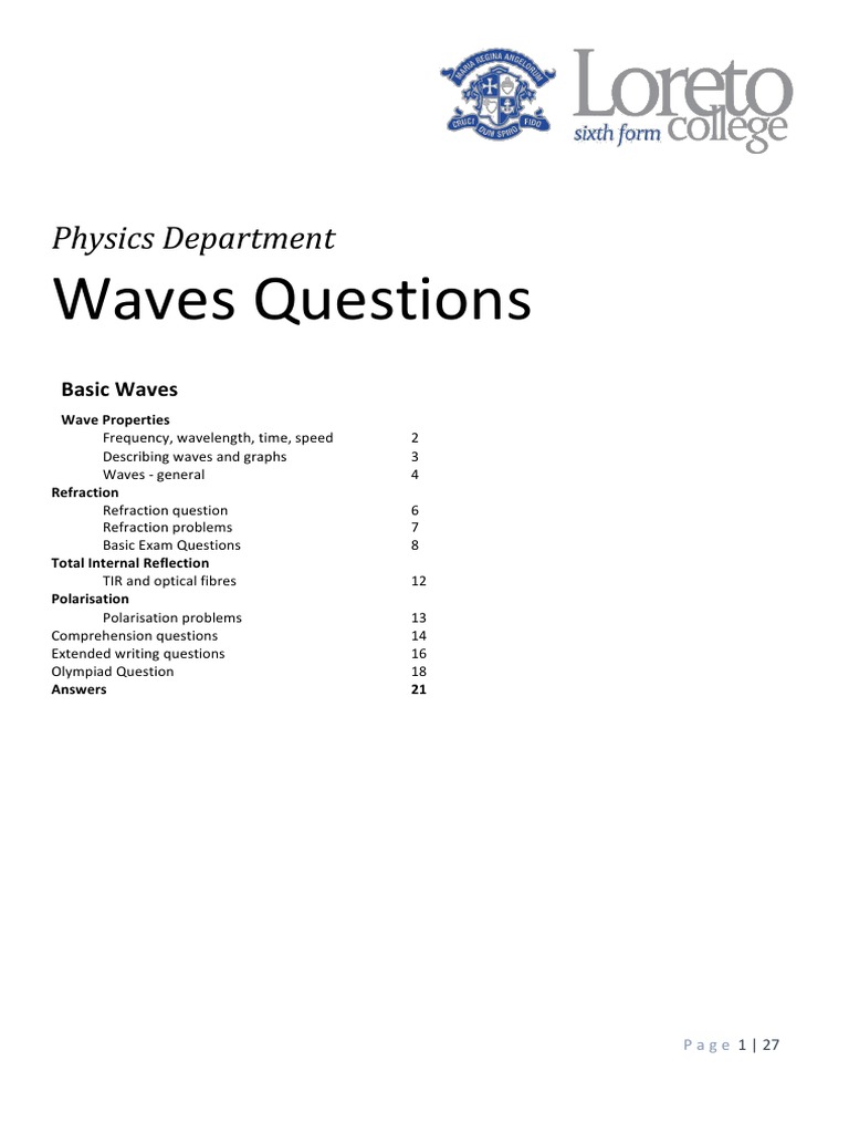 Waves Questions: Physics Department | PDF | Wavelength | Waves