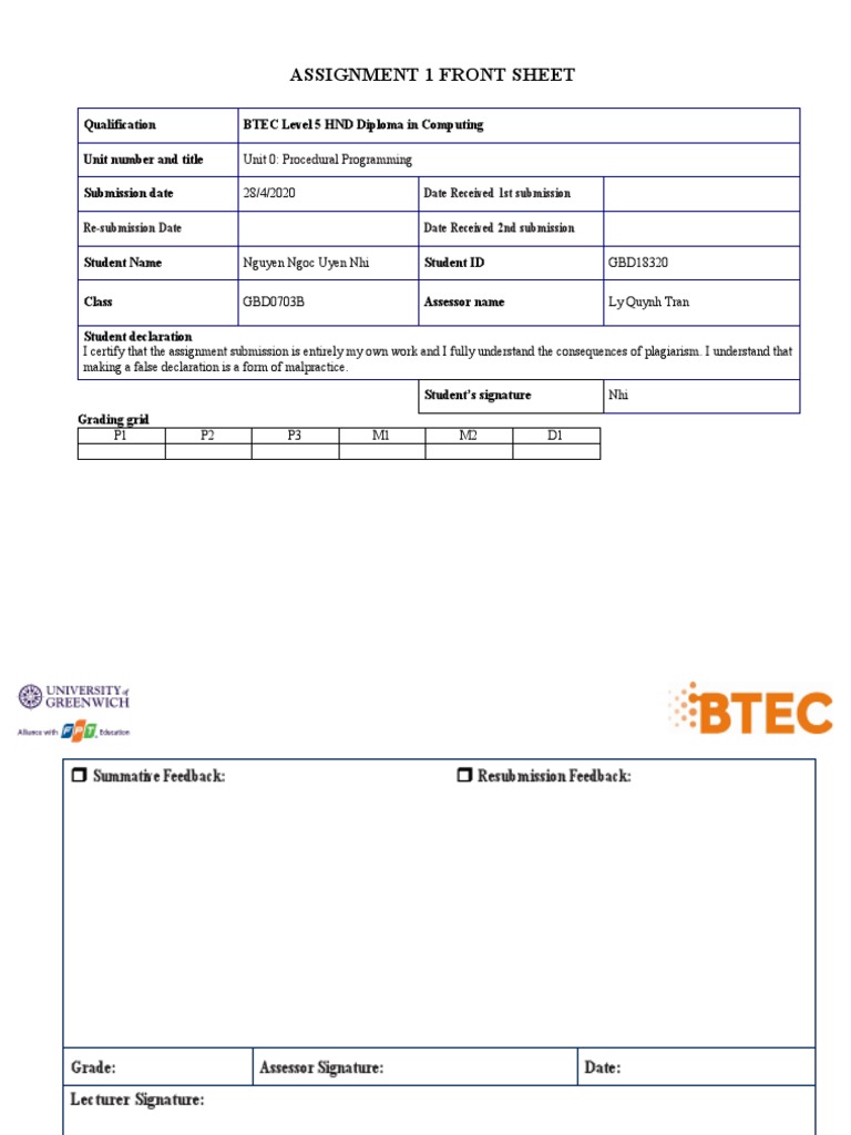 Assignment 1 Front Sheet: Qualification BTEC Level 5 HND Diploma in Computing Unit Number and ...