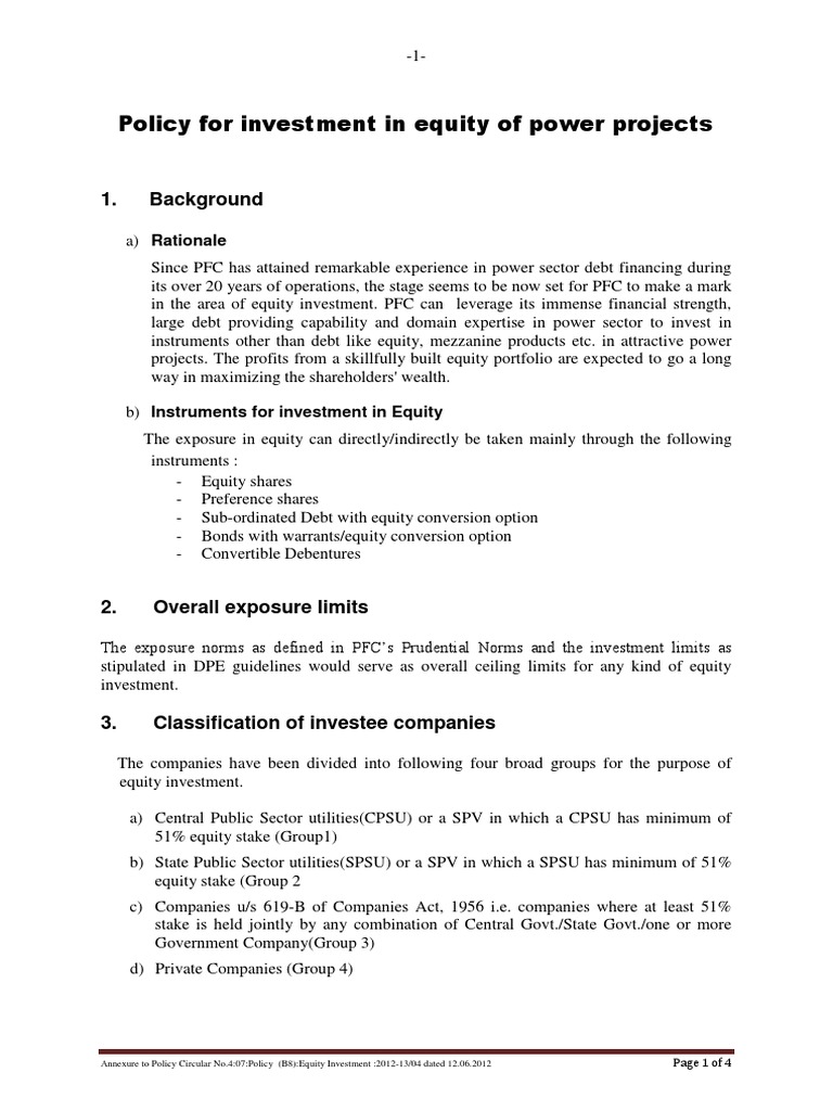 For PFC Website Policy For Equity Investment in Power Projects | PDF ...