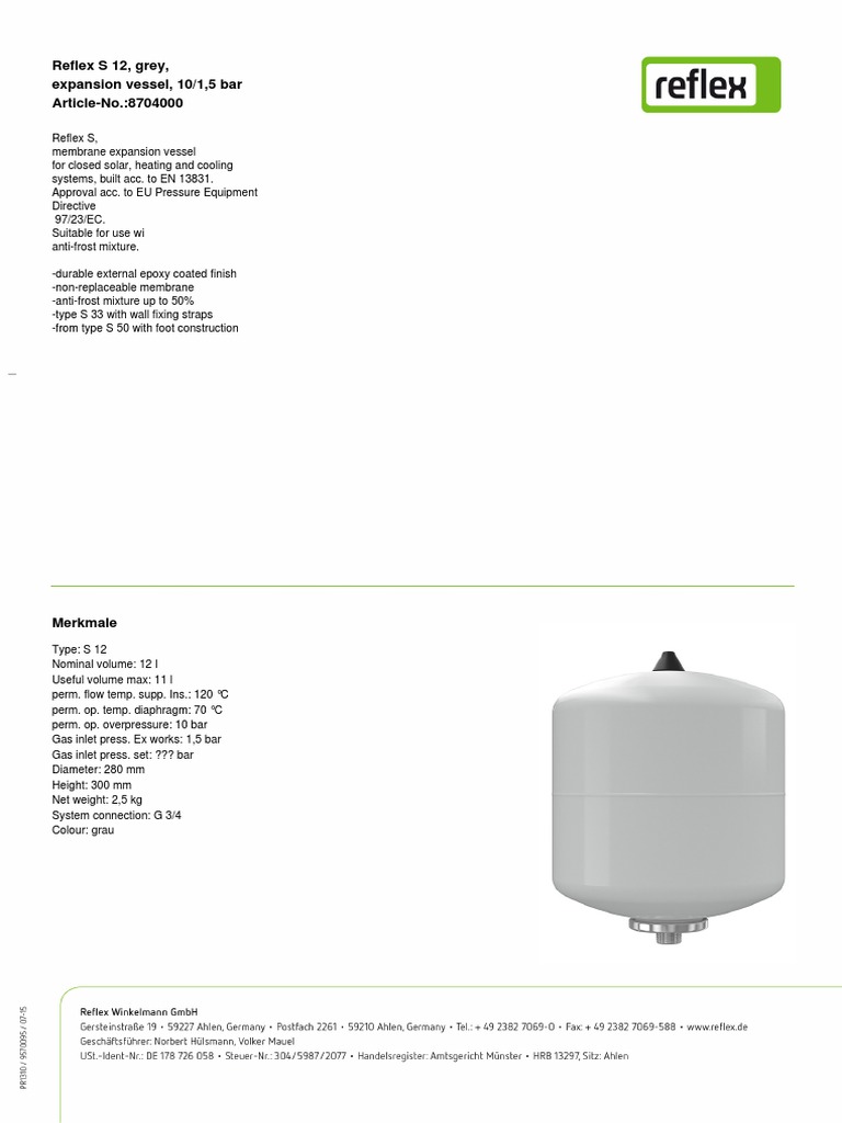 Reflex S 12, Grey, Expansion Vessel, 10/1,5 Bar Article-No.:8704000 | PDF