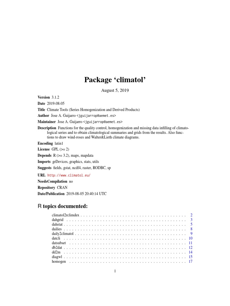 Package Climatol': R Topics Documented | Download Free PDF | Parameter (Computer Programming) | Mean