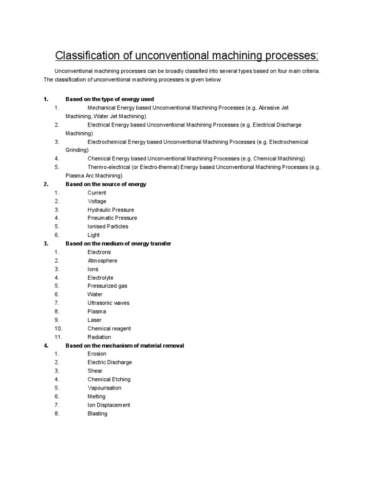 Classification of Unconventional Machining Processes | PDF | Machining ...