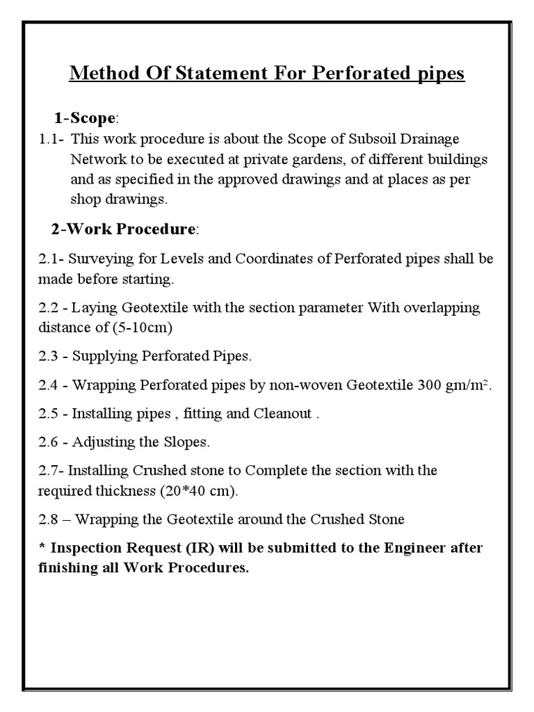 Subsoil Drainage Method Statement | PDF | Technology & Engineering