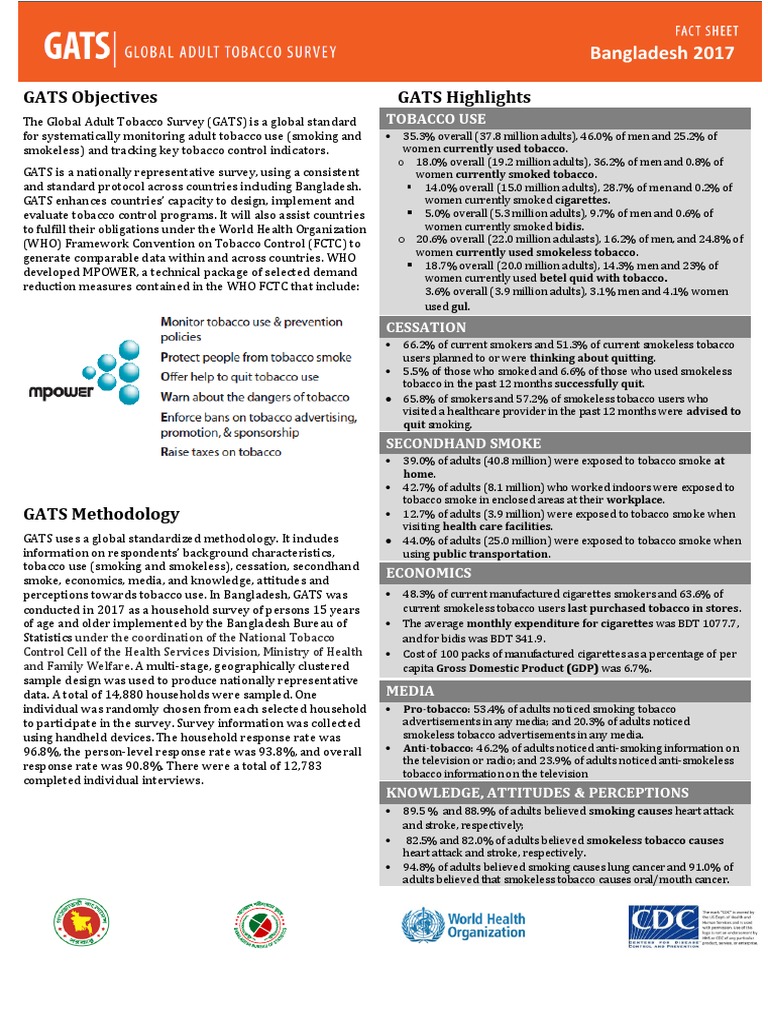 GATS Objectives GATS Highlights: Bangladesh 2017 | PDF | Tobacco ...