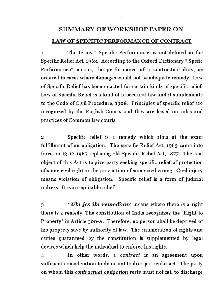 Summary of Workshop Paper On: Law of Specific Performance of Contract ...