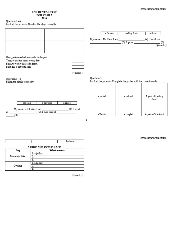 End of Year Test For Year 2 2016: English Paper Exam | PDF | Plants ...