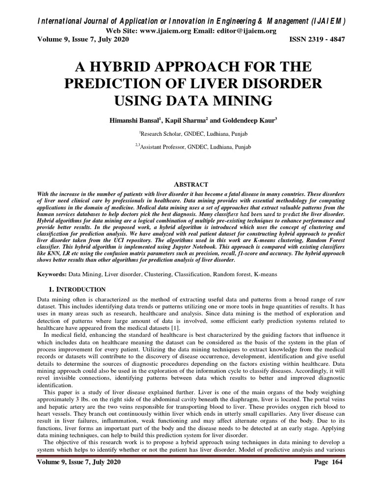 A Hybrid Approach For The Prediction of Liver Disorder Using Data Mining | PDF | Statistical ...