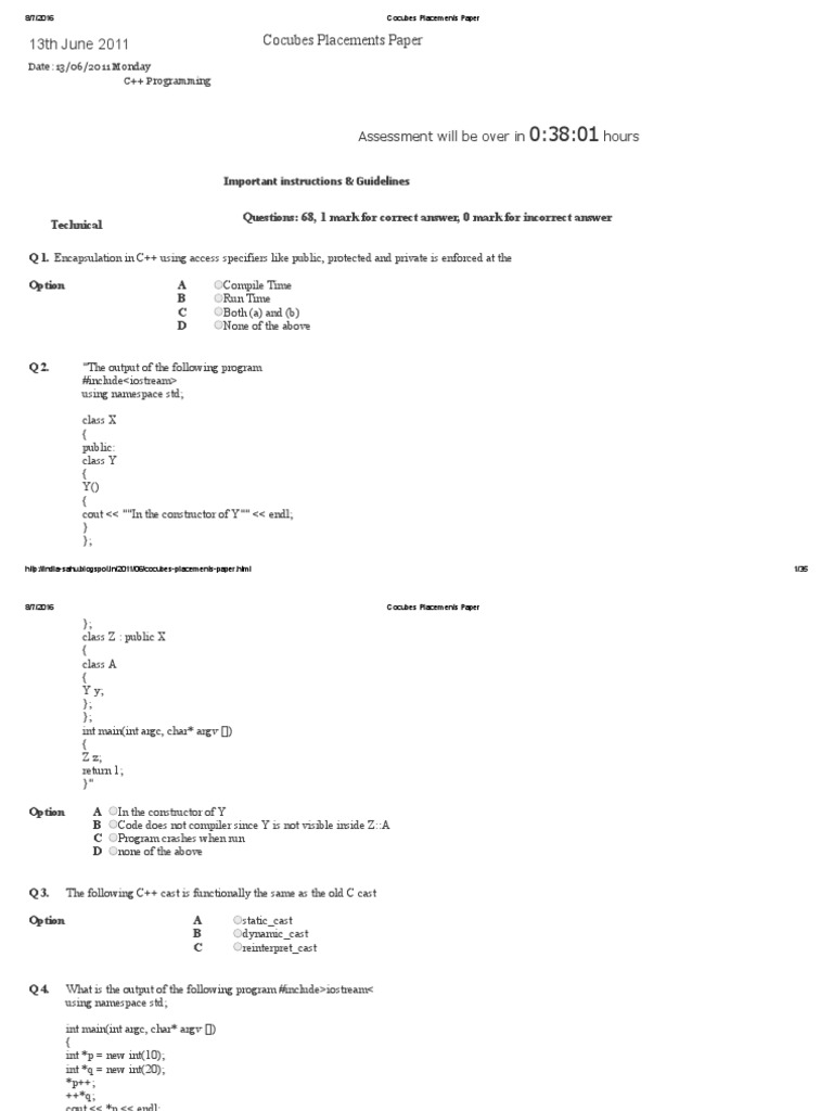 Cocubes Placements Paper | PDF | C++ | Constructor (Object Oriented ...