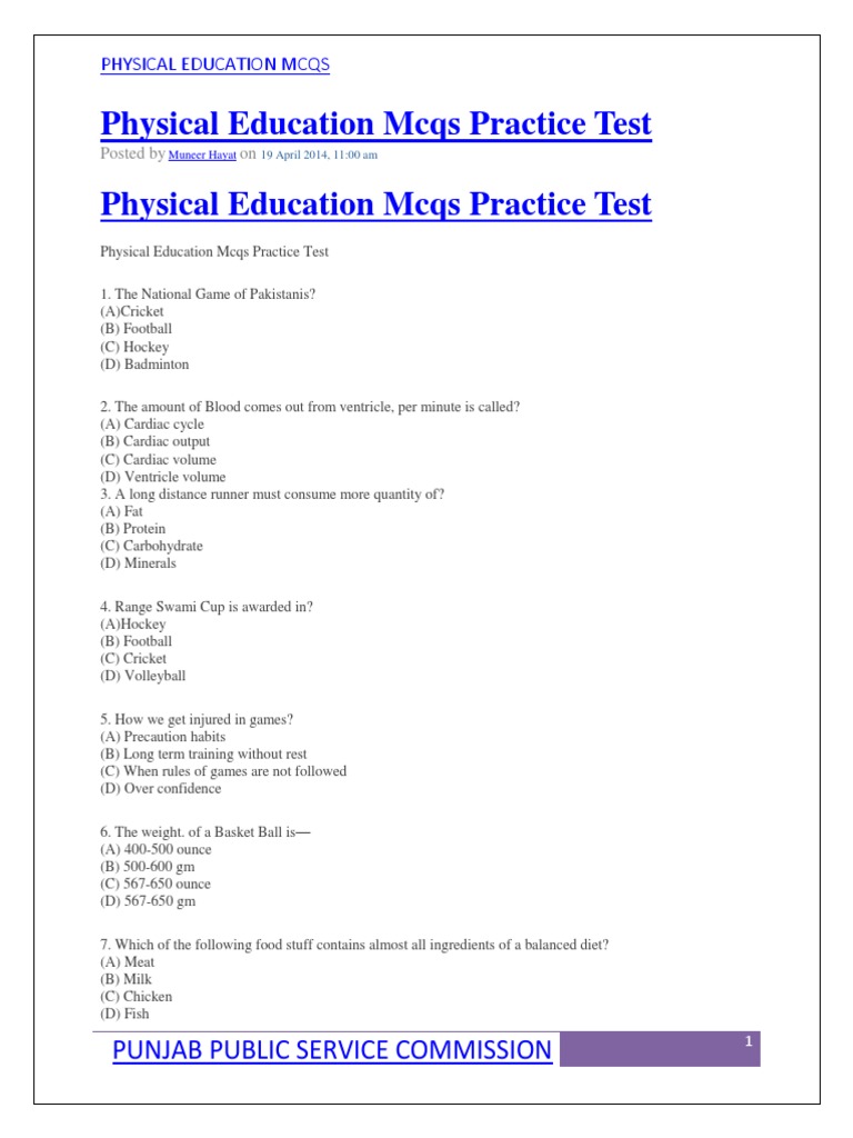 Physical Education MCQs Practice Test | PDF | Aerobic Exercise | Heart ...
