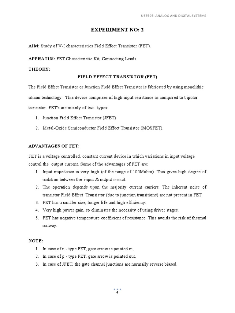 Experiment No 2 (Fet) | PDF | Field Effect Transistor | Transistor