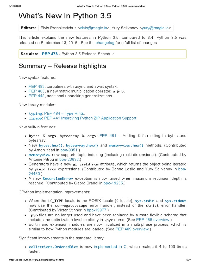 What S New In Python 3 5 Python 3 5 9 Documentation Pdf Python Programming Language