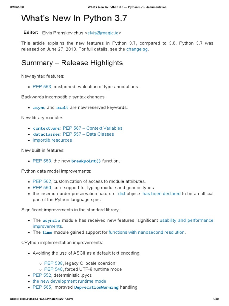What's New in Python 3.7 - Python 3.7.8 Documentation | PDF | Python ...