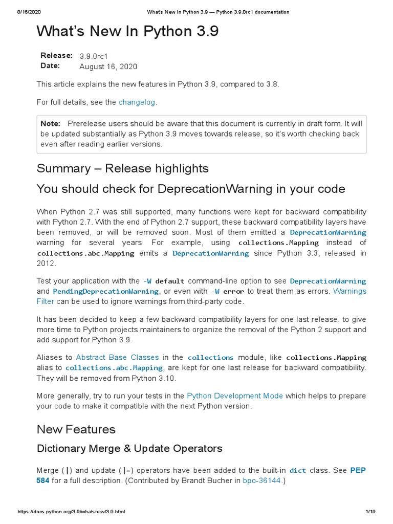 What's New in Python 3.9 - Python 3.9.0rc1 Documentation | PDF | Python (Programming Language ...