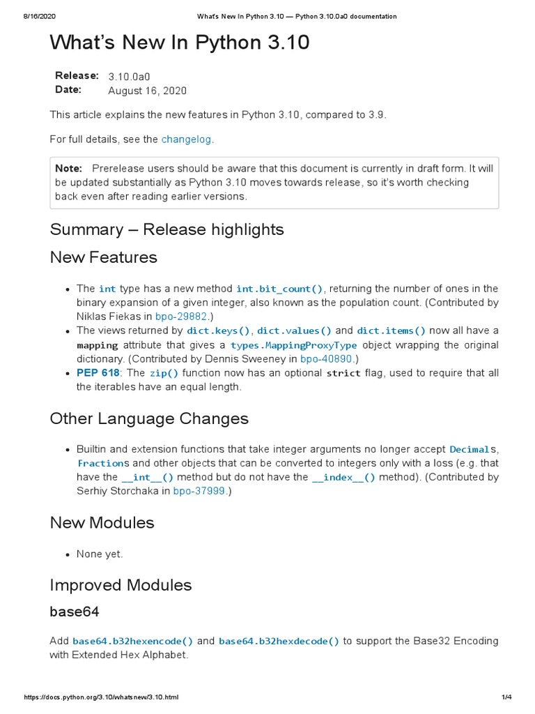 What's New in Python 3.10 - Python 3.10.0a0 Documentation | PDF | Python (Programming Language ...