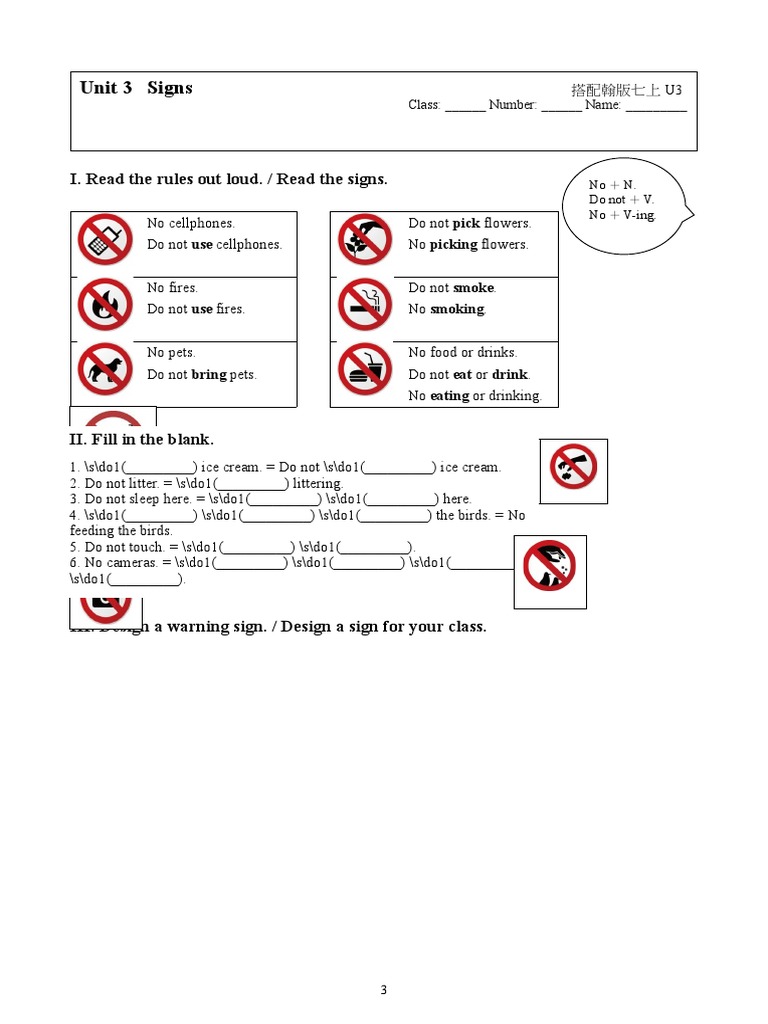 Unit 3 Signs: I. Read The Rules Out Loud. / Read The Signs | PDF ...