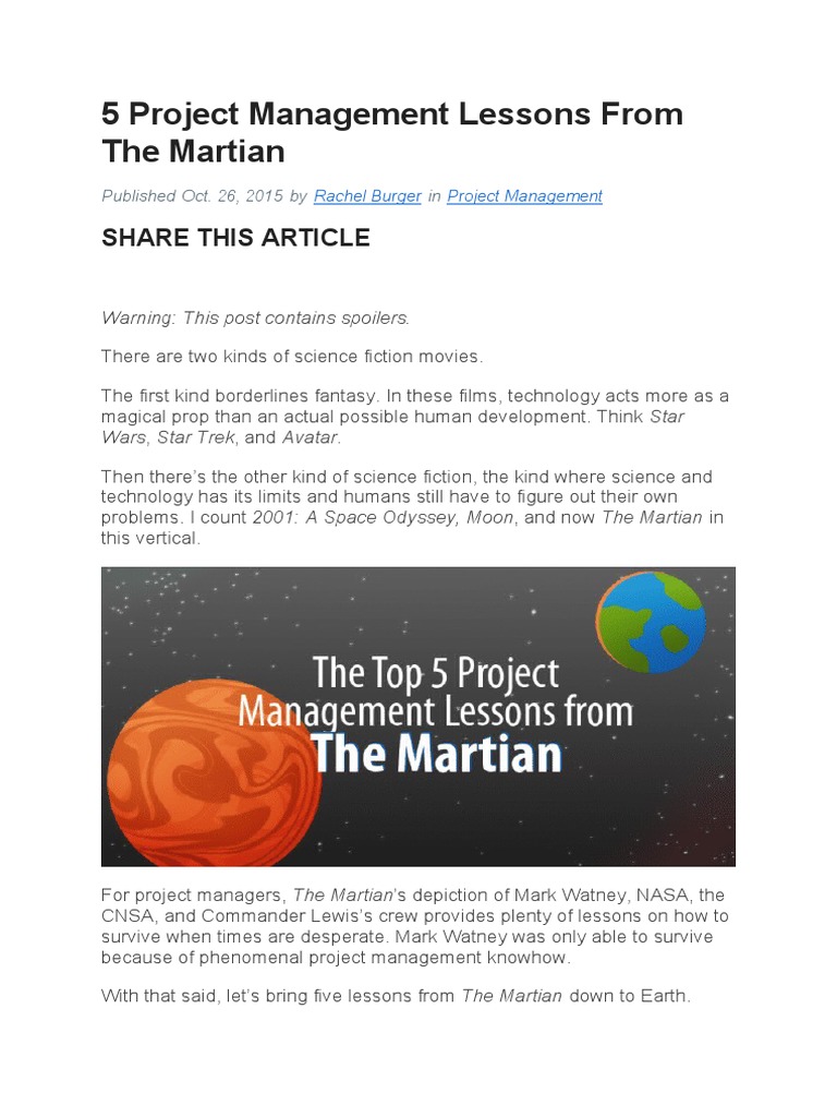 5 Project Management Lessons From The Martian | PDF | The Martian (Film ...