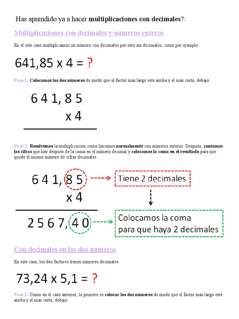 Multiplicar Decimales Paso A Paso Decimales Multiplicar Decimales 1