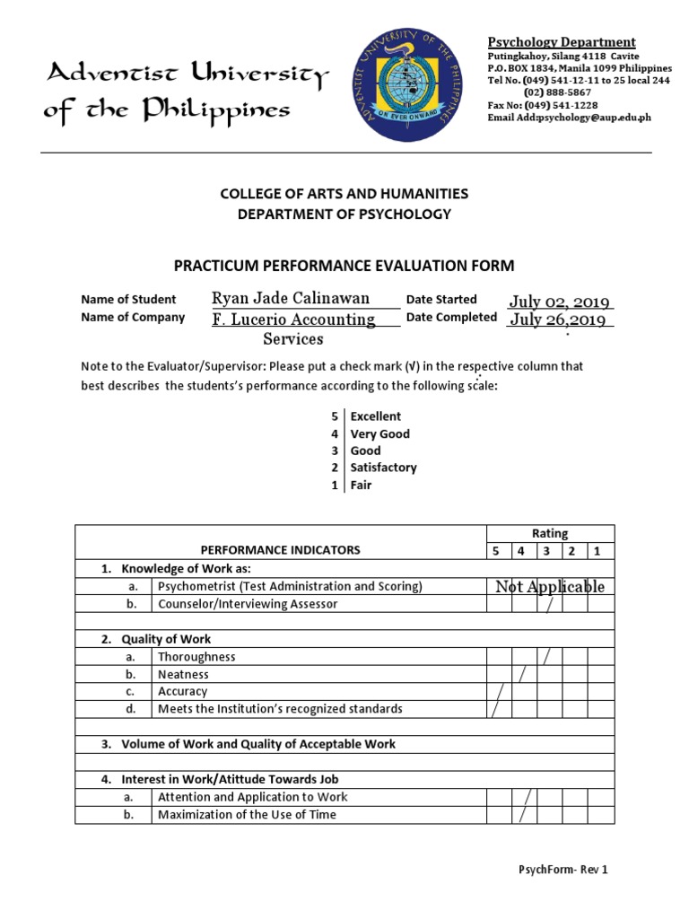 Adventist University of The Philippines: Practicum Performance Evaluation Form | PDF | Behavior ...