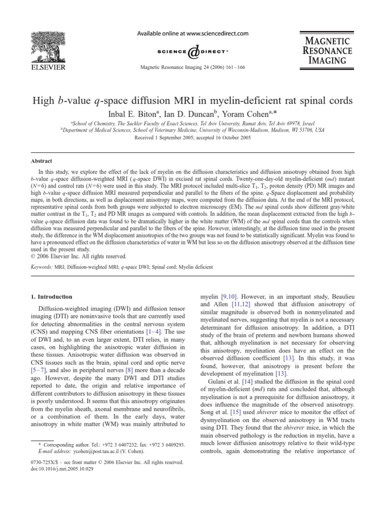 High B Value Q Space Diffusion MRI in Myelin Deficie - 2006 - Magnetic ...