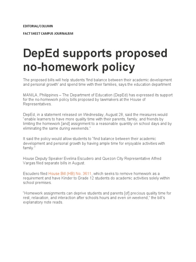 Deped Supports Proposed No-Homework Policy: Editorial/Column Fact Sheet ...