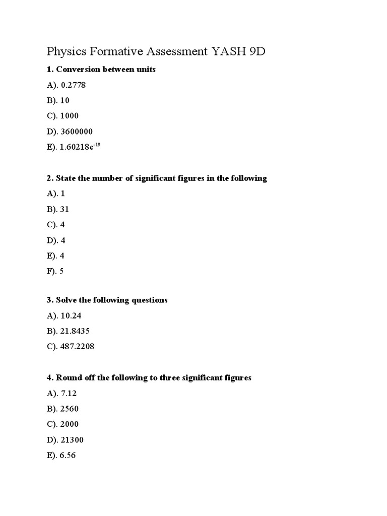 Physics Formative Assessment YASH 9D | PDF