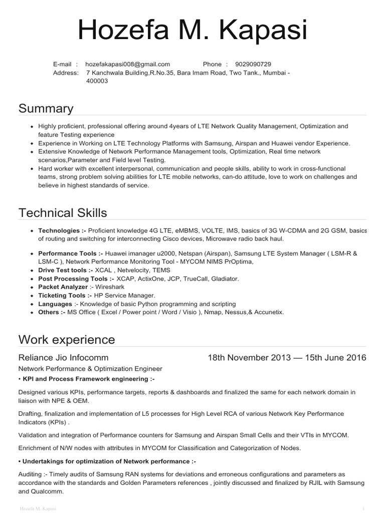CV Hozefa Kapasi PDF | PDF | Lte (Telecommunication) | 4 G