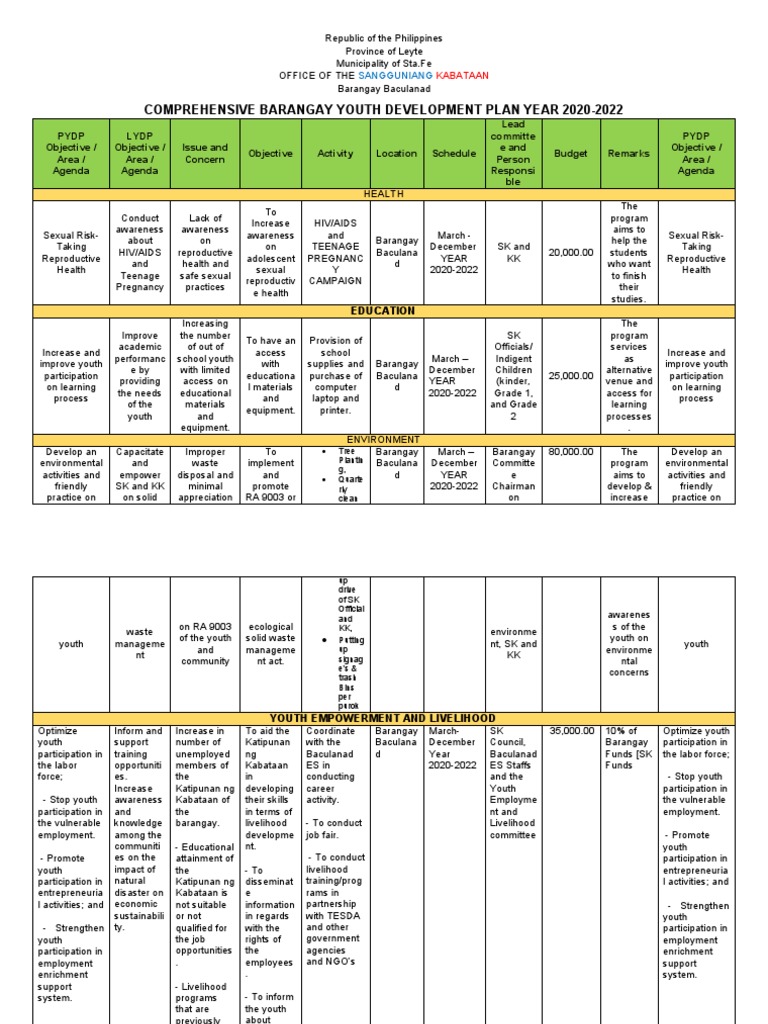 Comprehensive Barangay Youth Development Plan Year 2020-2022 | PDF ...
