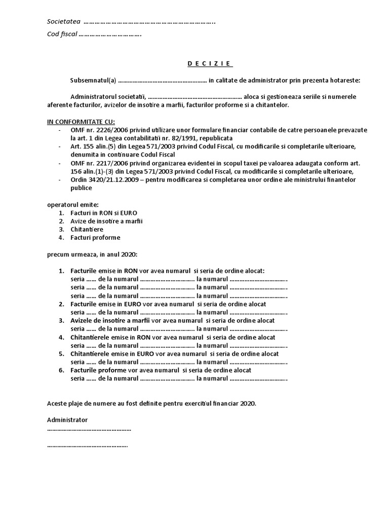 Model Decizie Numerotare Facturi 2020 | PDF