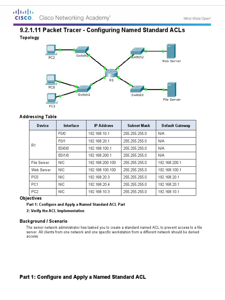 9.2.1.11 Packet Tracer - Configuring Named Standard ACLs Instructions IG | PDF | Network ...