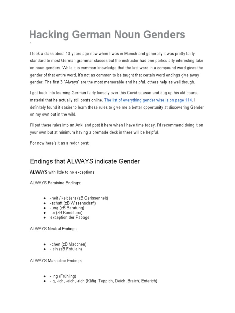 German Noun Gender Rules Explained | PDF | Grammatical Gender | Gender