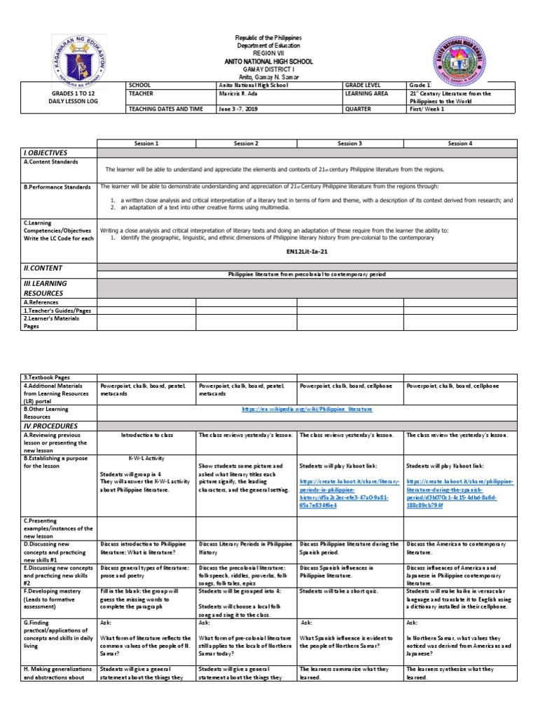 Week 1 - 21st Century Literature DLL | PDF | Learning | Pedagogy Week 1 - 21st Century Literature DLL | PDF | Learning | Pedagogy