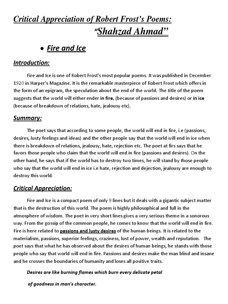 Critical Analysis of Frost's "Fire and Ice" | PDF | Poetry