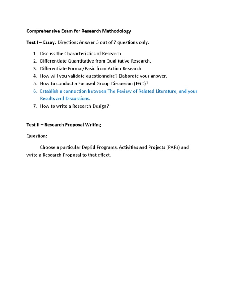 Comprehensive Exam For Research Methodology Test I - Essay. Direction ...