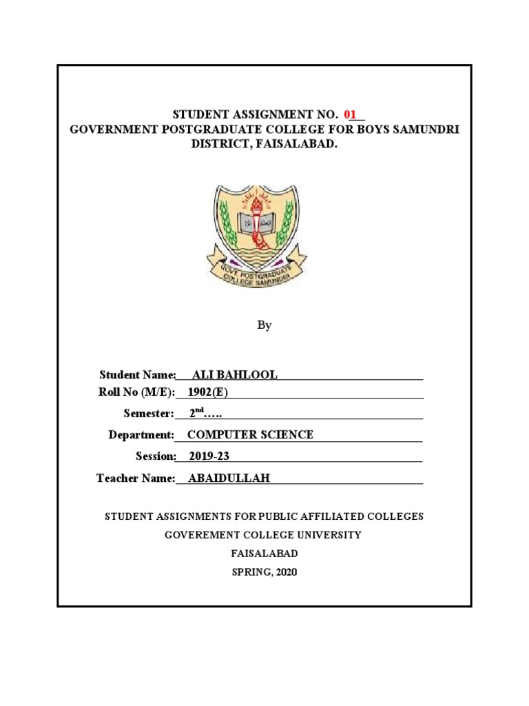 Student Assignment No. Government Postgraduate College For Boys Samundri District, Faisalabad ...