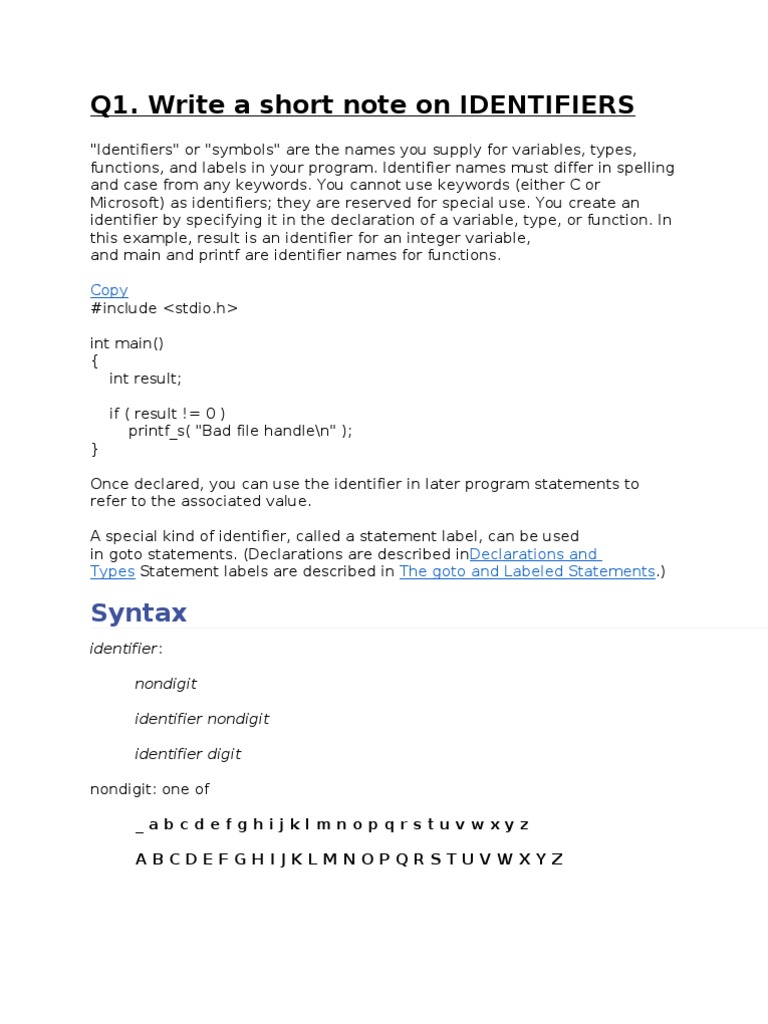 Q1. Write A Short Note On IDENTIFIERS: Syntax | PDF | Integer (Computer ...