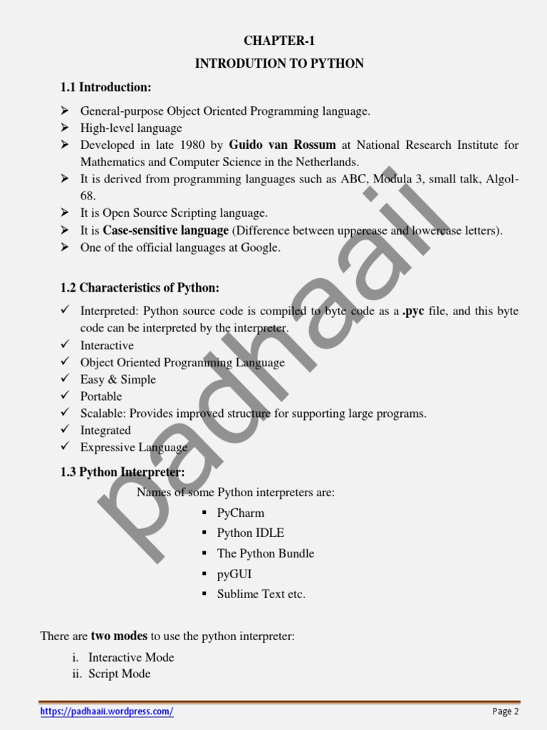 Padhaaii Chapter 1 Introdution To Python Pdf Python Programming Language Scripting Language