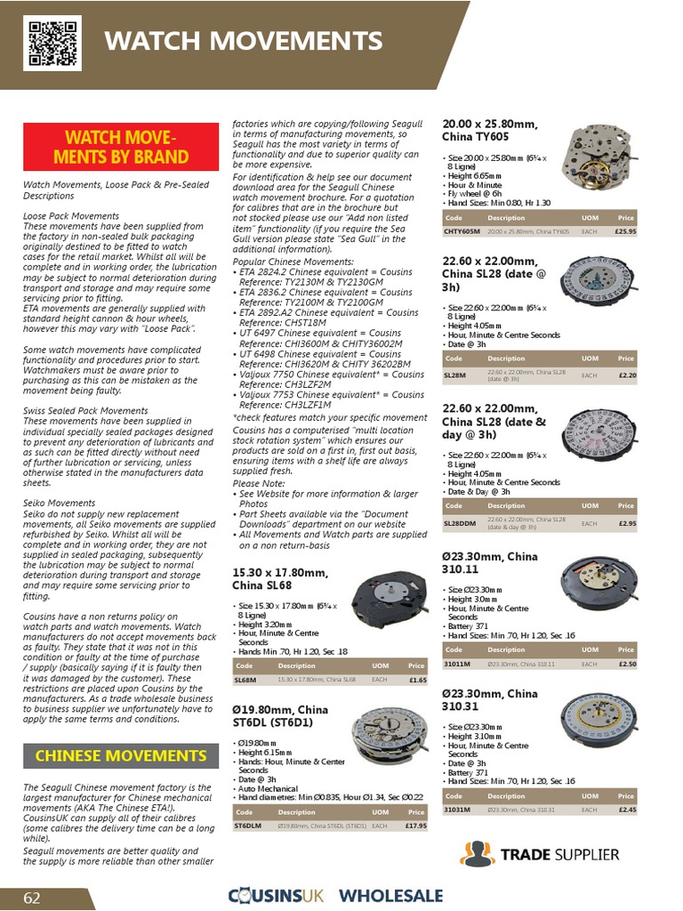 Cousins UK Watch Movements Catalogue | PDF | Hour