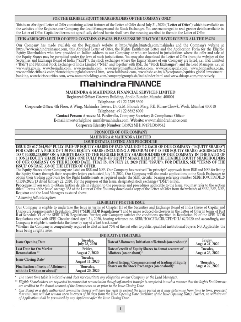 M&M Fin Right Issue Template | Download Free PDF | Equity (Finance ...