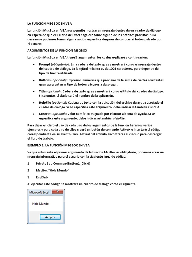 LA FUNCIÓN MSGBOX EN VBA | PDF | Microsoft Excel | Informática