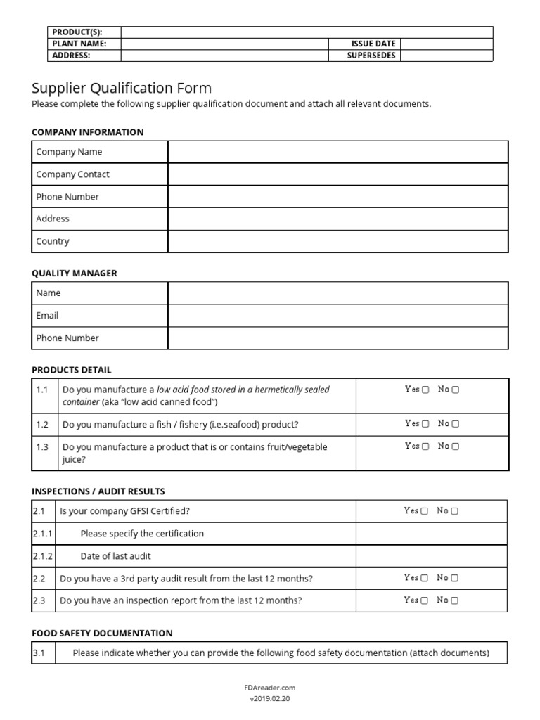Supplier Qualification Form v2019.02.20 | PDF | Food Safety | Hazard ...