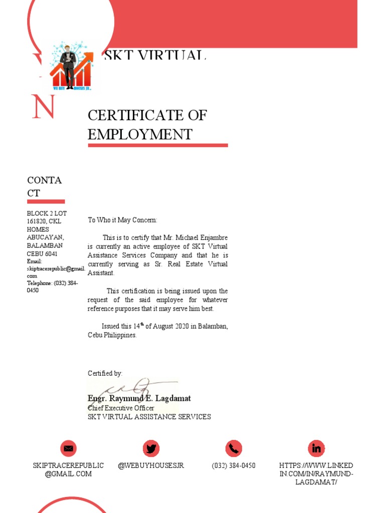 Skt Virtual Certificate Of Employment Pdf