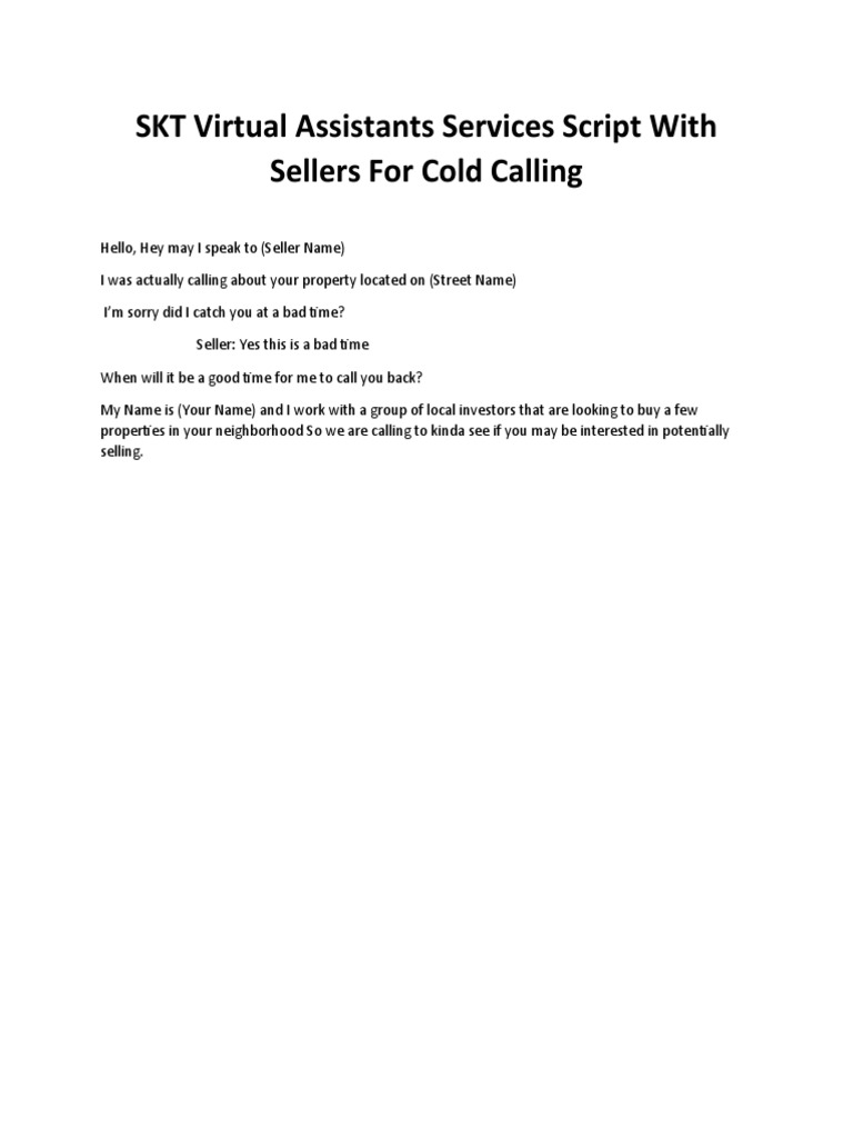 SKT Virtual Assistants Services Script With Sellers For Cold Calling | PDF
