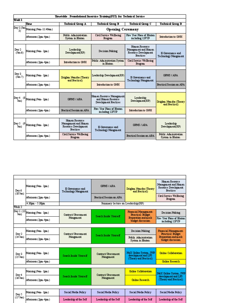 Opening Ceremony: Timetable: Foundational Inservice Training (FIT) For Technical Service | PDF ...