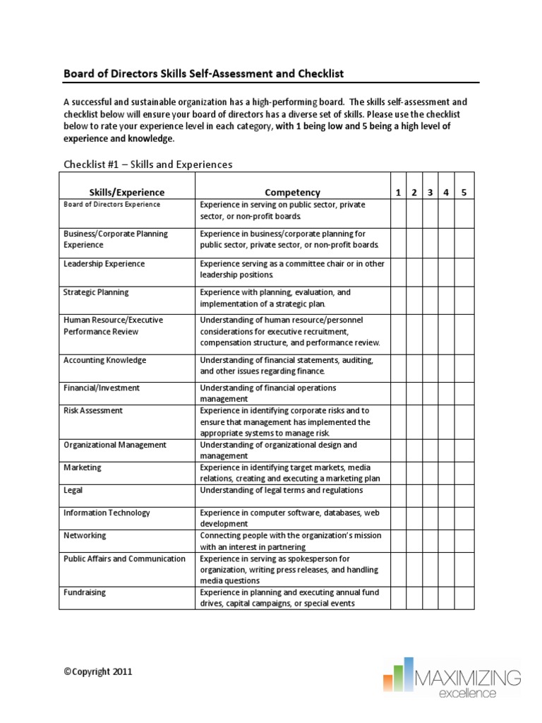 Board of Directors Skills Self-Assessment and Checklist | PDF | Board ...