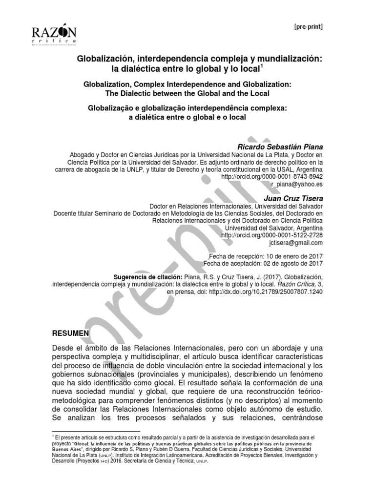 Globalizacion Interdependencia Compleja y Mundiali PDF | Descargar ...