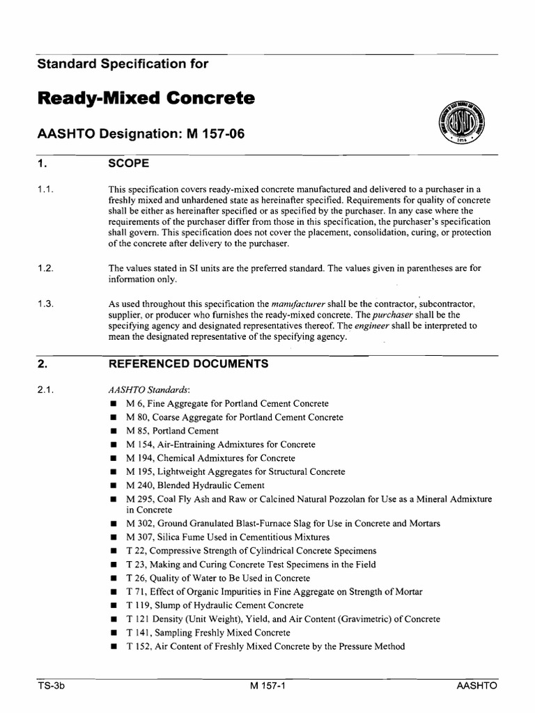 AASHTO M 157: Ready-Mixed Concrete Standards | PDF | Weighing Scale ...