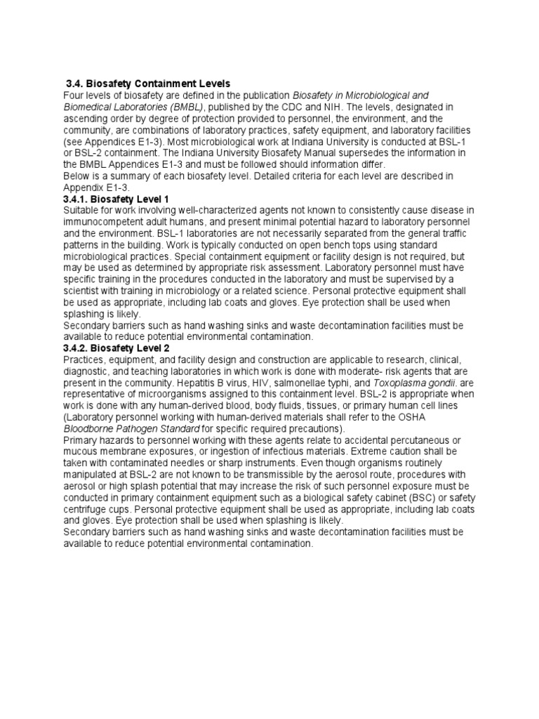 3.4. Biosafety Containment Levels | PDF | Personal Protective Equipment ...