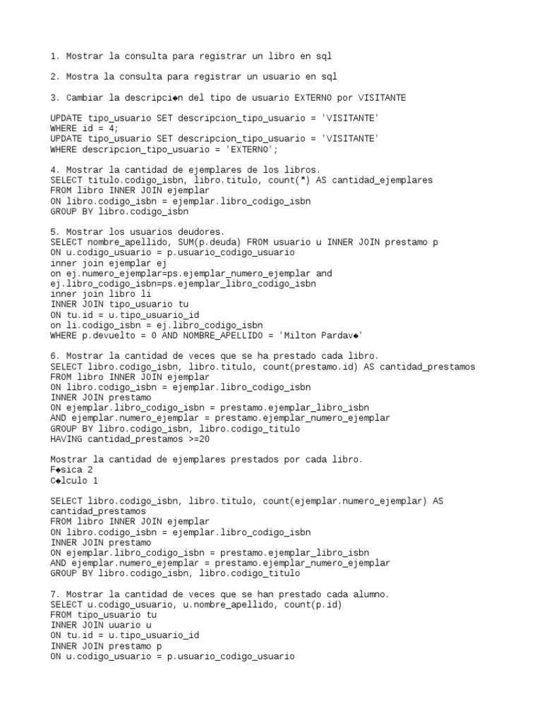 Consultas SQL para gestionar una biblioteca | PDF | SQL | Bases de datos